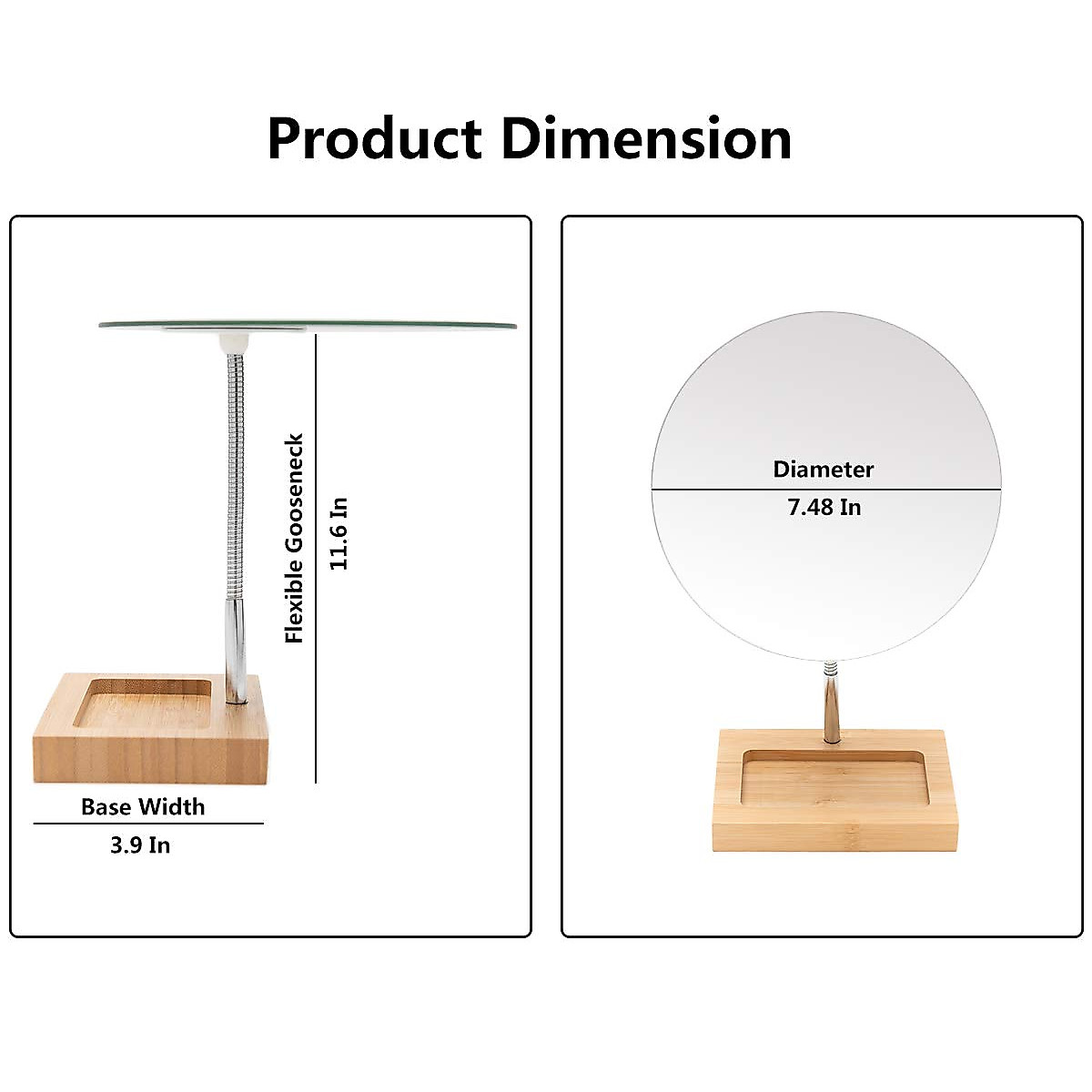 YEAKE Flexible Gooseneck Bamboo Vanity Makeup Mirror,360°Rotation 8" Large Frameless Vanity Mirror Folding Portable Table Desk Mirror with Stand Bathroom Shaving Make Up Mirrors Round