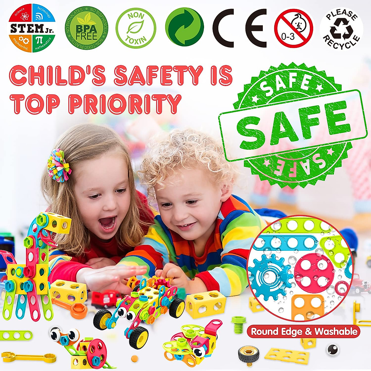 NXONE 195 PCS Educational STEM Toys for Boys and Girls Ages 3 4 5 6 7 8 9 10 Construction Building Blocks Toy Building Sets Kids Toys Creative Activities Games with Storage Box