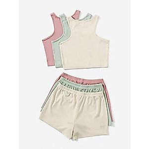 Verdusa Women's 3 Sets Lounge Set Nightwear Graphic Crop Tank Top & Shorts Pink Green Apricot L