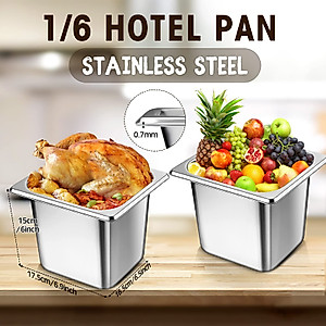 Baderke 4 Pack Stainless Steam Hotel Pans with Lids, 1/6 Sixth Size x 6 Inch Deep, 0.7 mm Thick 304 Stainless Steel Hotel Pan Anti Steam Table Pan for Food Warmer Cooking Heat