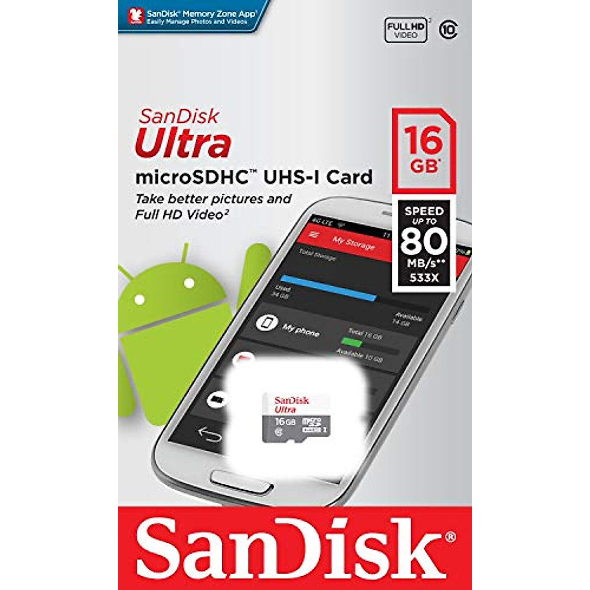 SanDisk Ultra SDSQUNS-016G-GN3MN 16GB 80MB/s UHS-I Class 10 microSDHC Card