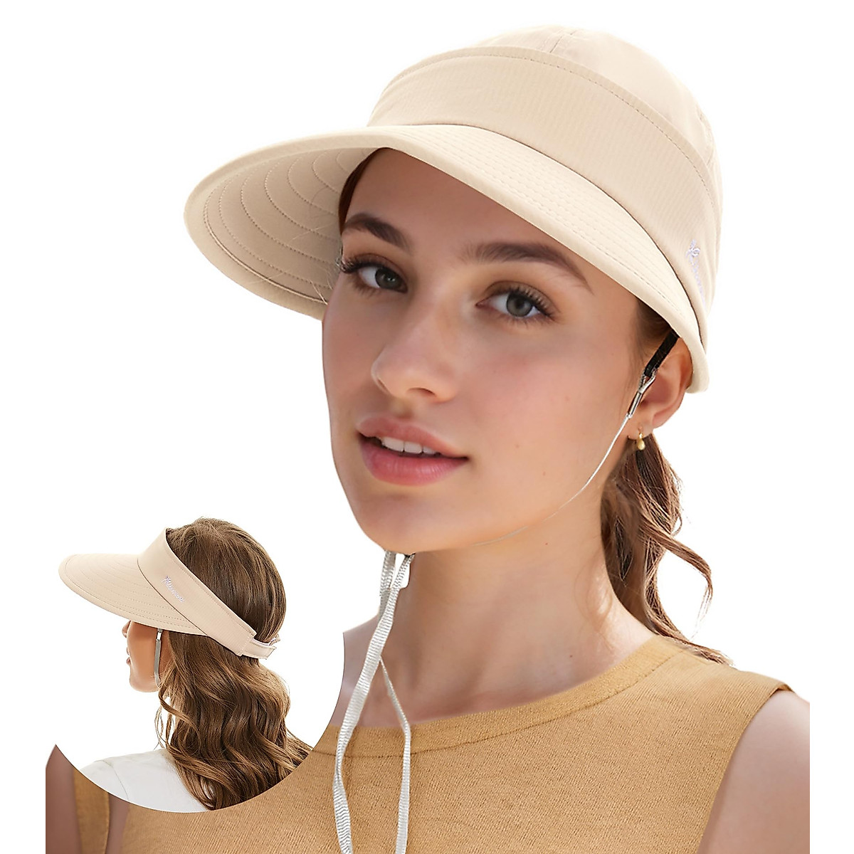 Durio Wide Brim Summer Beach Hats for Women 2024 UPF 50+ Sun Hat 2 in 1 Visors for Women Foldable Zip-Off Visor with Wind Strap Packable Womens Sun Hat Safari Fishing Gardening Beige One Size