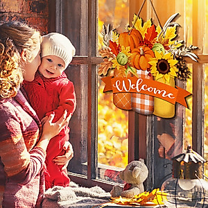 Thyle 2 Pcs Welcome Fall Thanksgiving Front Door Decor Hello Fall Truck Door Signs Pumpkin Maple Leaf Sunflower Door Hanging Fall Wall Decoration