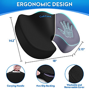 CushZone Seat Cushion Office Chair Cushions, Car Seat Cushion, Memory Foam Coccyx Cushion for Tailbone Pain Office Chair Car Seat Cushion, Sciatica, Coccyx, Lower Back Pain Relief (Black)