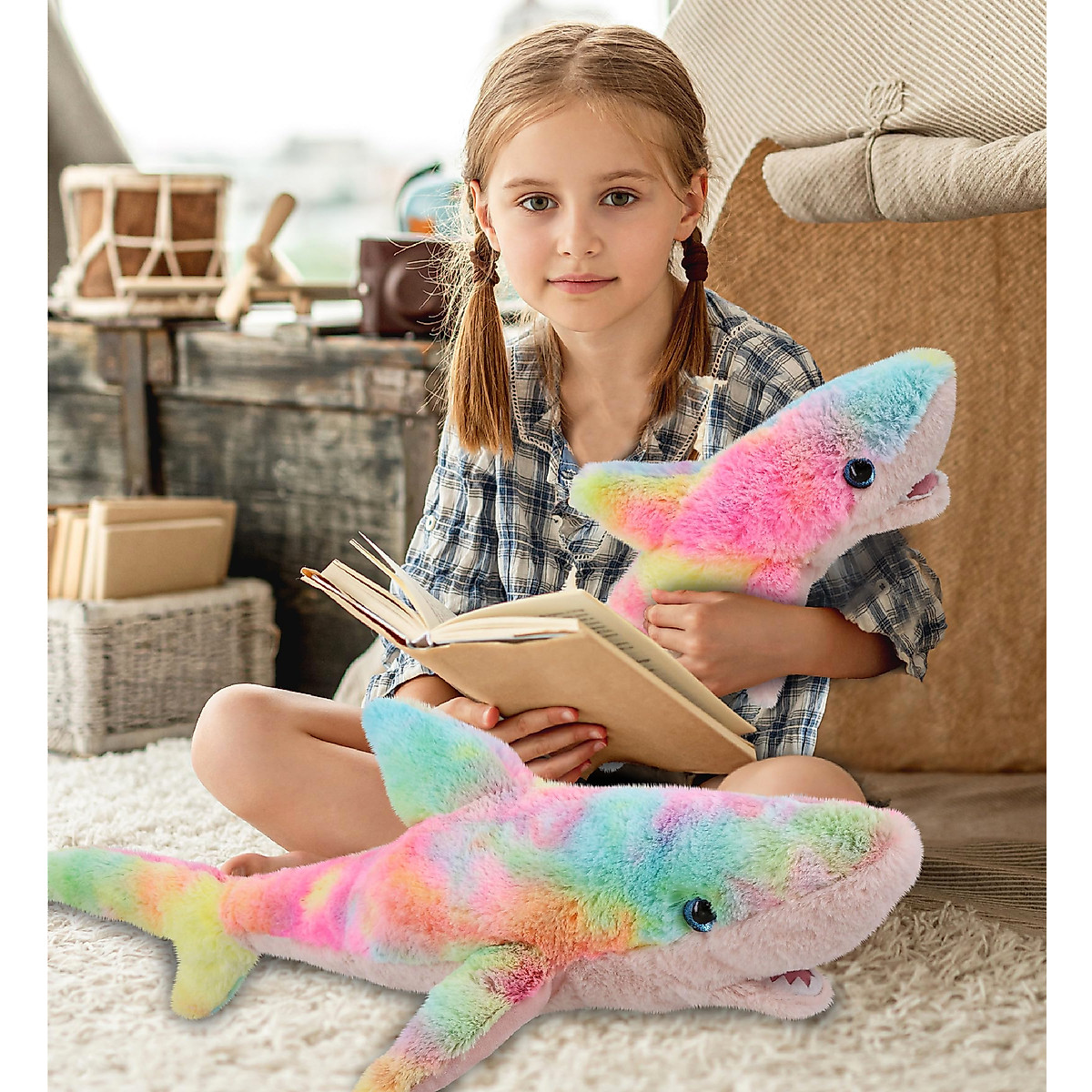 DolliBu Plush Shark Stuffed Toys - Soft Huggable Rainbow Plush Kit, Adorable Sea Animal Plush Toys, Cute Ocean Life Cuddle Gifts Toys for Kids and Adults - 2 Pack