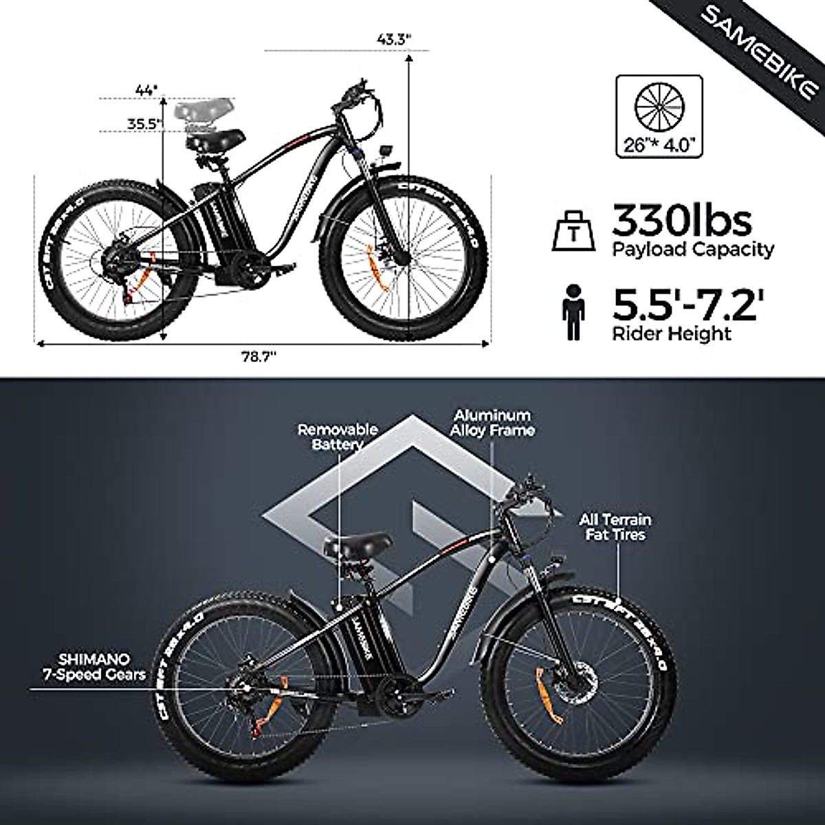 SAMEBIKE 750W Fat Tire Electric Bike 26'' Electric Mountain Bike 48V 15AH Battery with 3A Fast Charger, 28MPH Adult Electric Bicycles Suspension Fork, Shimano 7 Speed Shifting for Trail Riding