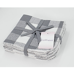 PurpleEssences Waffle Weave Plaid Dish Cloths, 100% Cotton - 12 x 12 Inches, Ultra Soft Absorbent Quick Drying Dish Towels Buffalo Check Dish Rags for Kitchen, 8-Pack - Grey & White