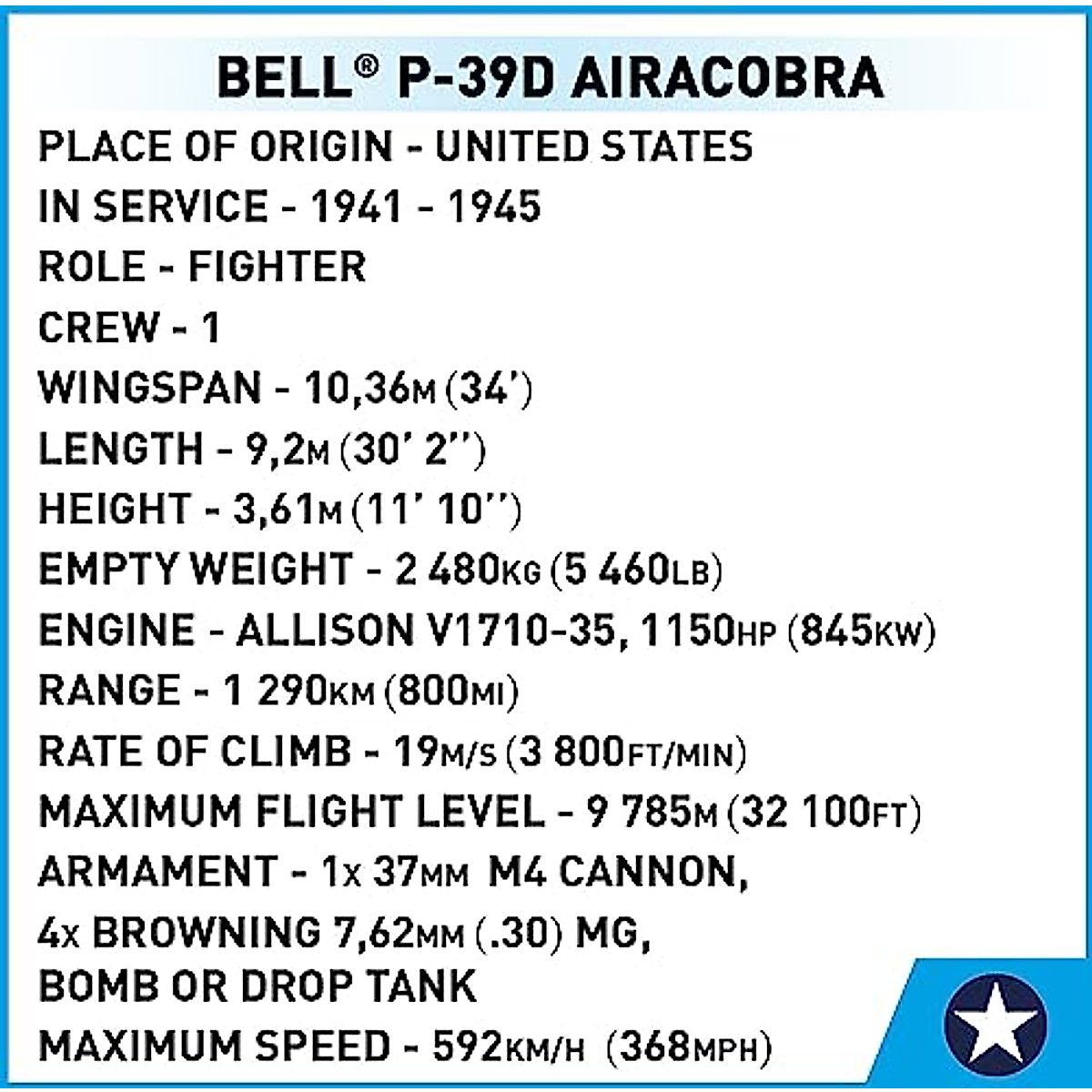 COBI Historical Collection WWII Bell® P-39D AIRACOBRA® Aircraft