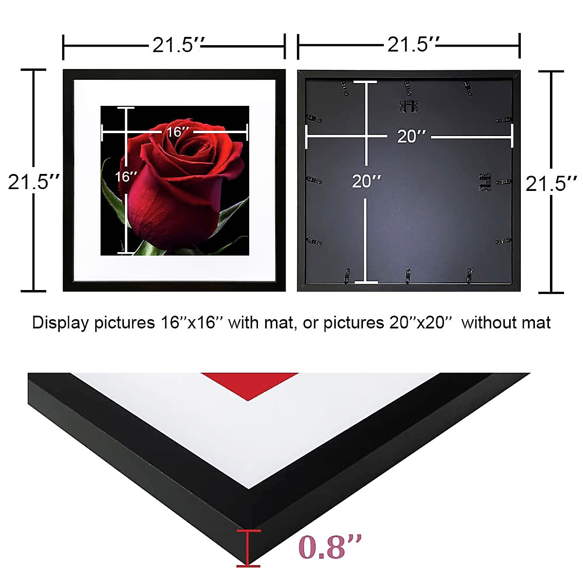 KZZLOL 20x20 Frame Black, Display Pictures 16x16 with Mat or 20x20 without Mat, Home Decor Wall Gallery Poster Picture Photo Frames-1PCS