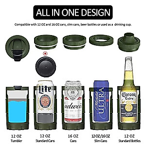 Ourokhome 5 in 1 Insulated Can Cooler, Freezer Can Coozie for 12 oz & 16 oz Cans and Bottles for Beer, Skinny Selzers, Soda and Coffee, 100% Leak Proof Tumbler with Lid, Christmas Gift, Green