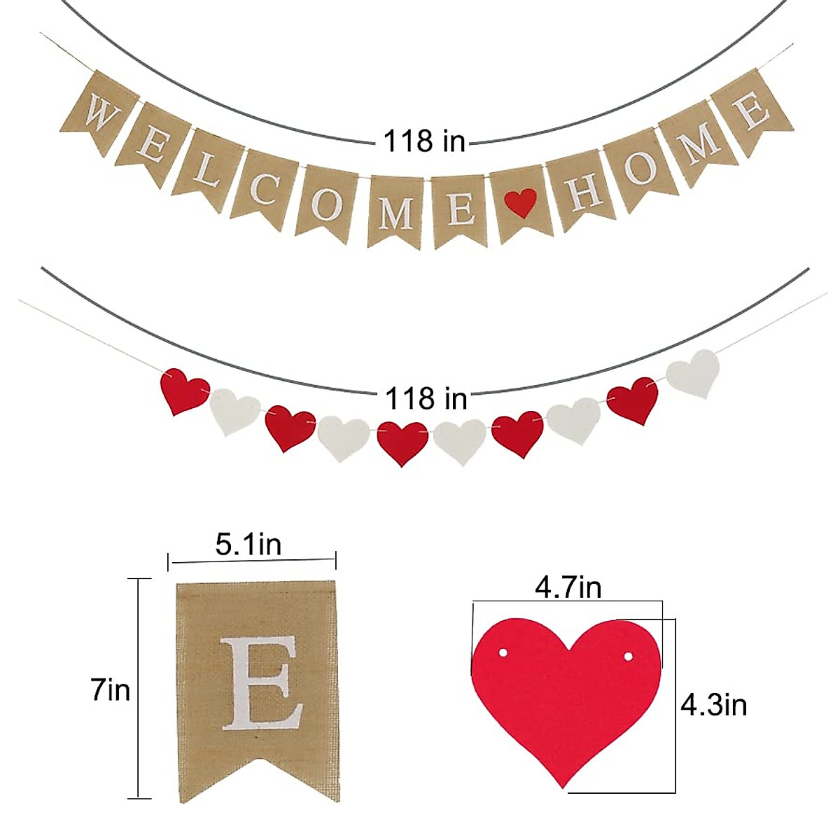 Welcome Home Banner, Rustic Burlap Welcome Home Signs, Welcome Home Decorations, Heart Garland Banner for Wall/Front Door