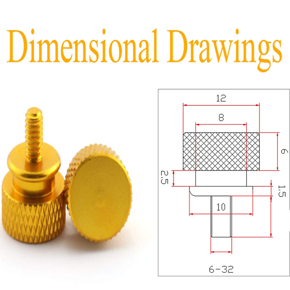 10pcs #6-32x6mm Desktop Computer PC Case Chassis Thumb Screws M3.5 Tool-Less Adjustment Colorful Aluminum Alloy Knurled Thumbscrew Gold