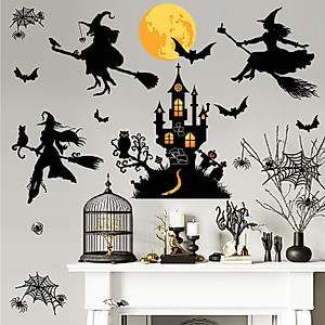 Halloween Decorations Decals Witches Wall Decor Black Bats Castle Stickers Halloween Wall Decal Peel and Stick Halloween Party Supplies Scary Spider Vinyl Sticker Art Murals for Home Window Door Decor