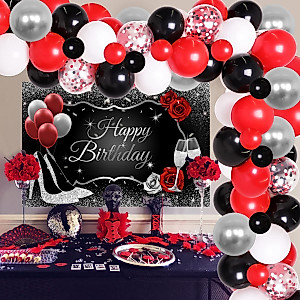 Red Black and Silver Party Decorations for Women Birthday Party Supplies Red Black and Silver Balloon Garland Silver Glitter Happy Birthday Backdrop High Heels Champagne Glass Background