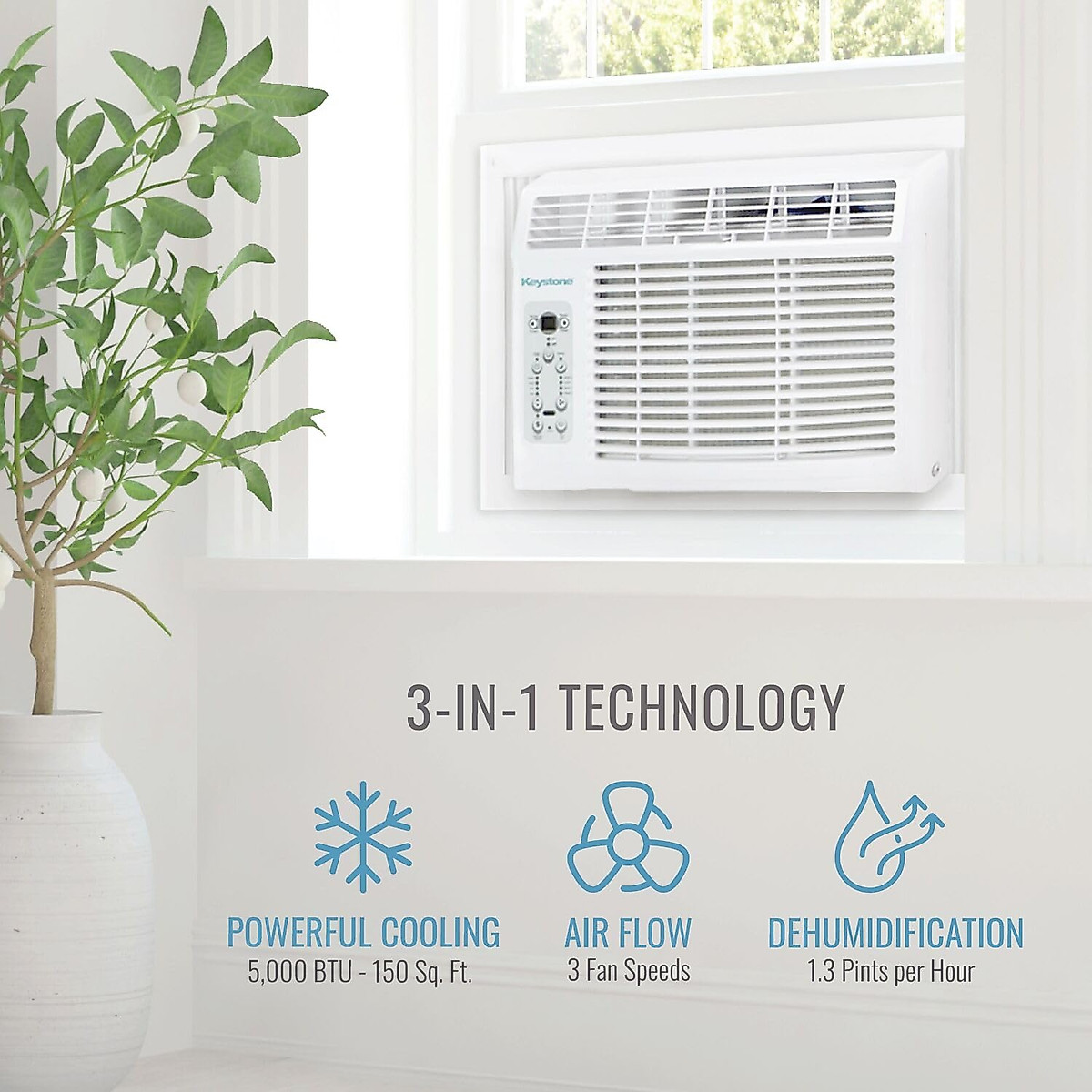 Keystone 5,000 BTU Window Air Conditioner and Dehumidifier, Window AC Units for Apartment, Living Room, Bathroom, and Small Rooms up to 150 Sq.Ft., Quiet Window Air Conditioners with Remote Control