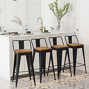 WENTMENT Metal Bar Stools Set of 4 Counter Height Bar Stools Barstools with Removable Back 26" Kitchen Bar Stools with Wooden Seat, Black
