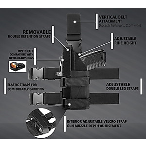 Left Handed Drop Leg Tactical Gun Holster fit Pistol with Optic/Light/Laser, Adjustable Thigh Nylon Gun Holster Compatible with Glock 1911 S&W Sig Sauer Taurus Berreta CZ HK and More