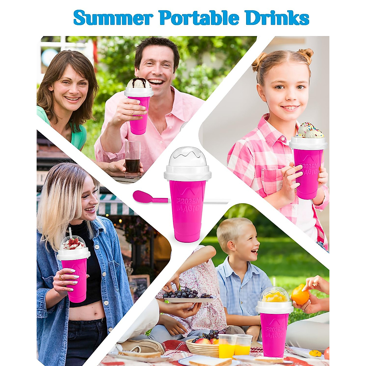 Slushy Maker Cup, DIY Magic Slushy Maker Squeeze Cup, Portable Smoothie Squeeze Cup for Juices, Milk and Ice Cream Make, Double Layers Silica Cup with Lid & Straw for Kids, Friends, Family (Pink)1