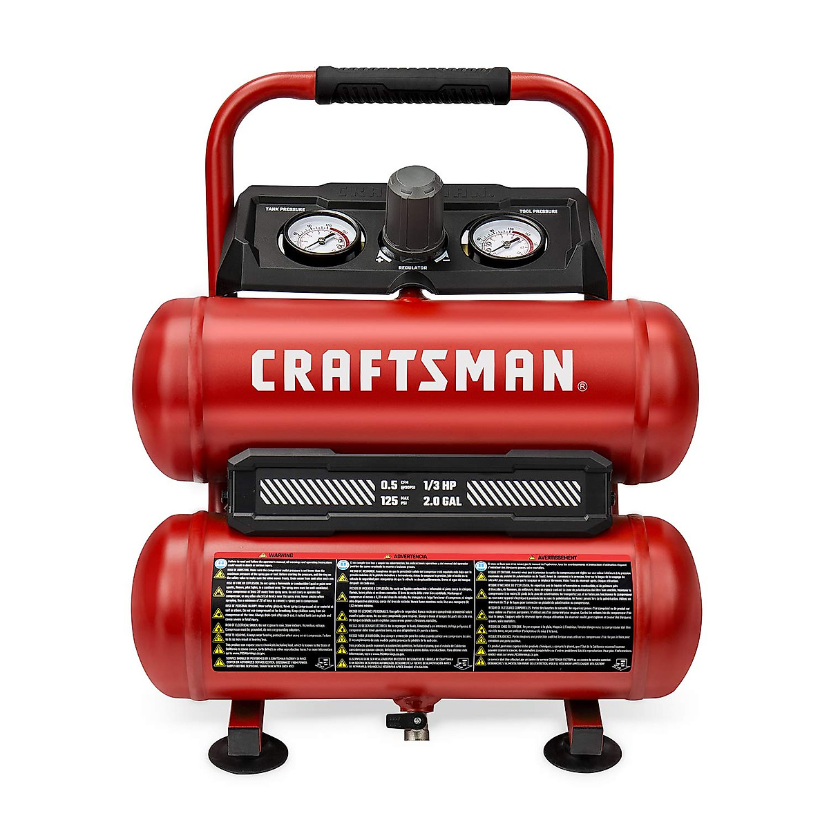 CRAFTSMAN Air Compressor Portable Air Tool Twin Tank 2Gallon, 1/3 HP Oil-Free Max 125 PSI Pressure, Model: CMXECXA0220242, Red