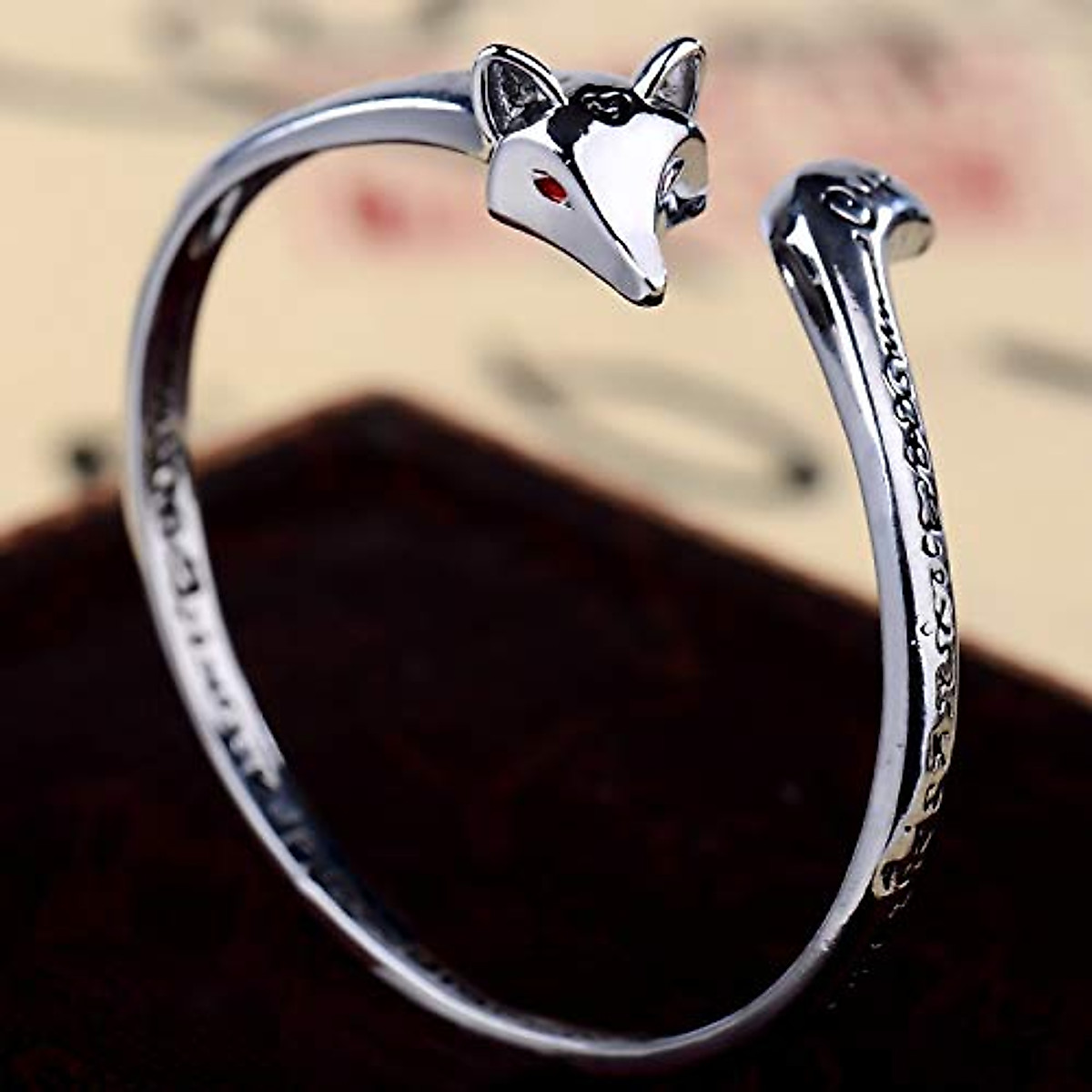 Fox Bracelet Rune Symbol Animals Adjustable Bangle Cute Lovely Fox Tail Wrap Cuff Bracelets Best Gift for Fox Lover Gifts Women Friend Jewelry-A silver purple eye