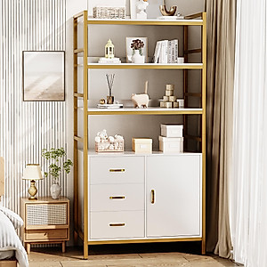 71" Tall Bookshelf with Storage Cabinet, Bookcase with Doors, Inter Adjustable shelf, 3 Wooden Drawers, 4 Tier Open Shelves, Modern Display Rack for Living Room, Kitchen, Home Office, White and Gold