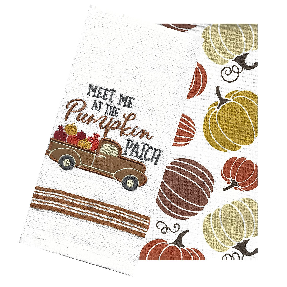 Mainstream Fall Kitchen Towels, Set of 2, Vintage Bronze Truck Meet Me at The Pumpkin Patch and Print Cotton Terry Dishtowels Drying Cloth 16 x 26 inches White, Bronze, Brown, Gold, Orange Wine, Grey