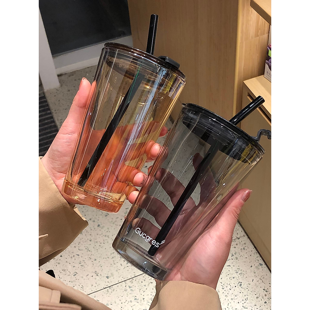 2 Pack 16 Ounce Tumbler with Lid and Straw, Leakproof Glass Cups with Lids and Straws, Iced Coffee Cup Silicone Sleeve Smoothie Cup Boba Cup