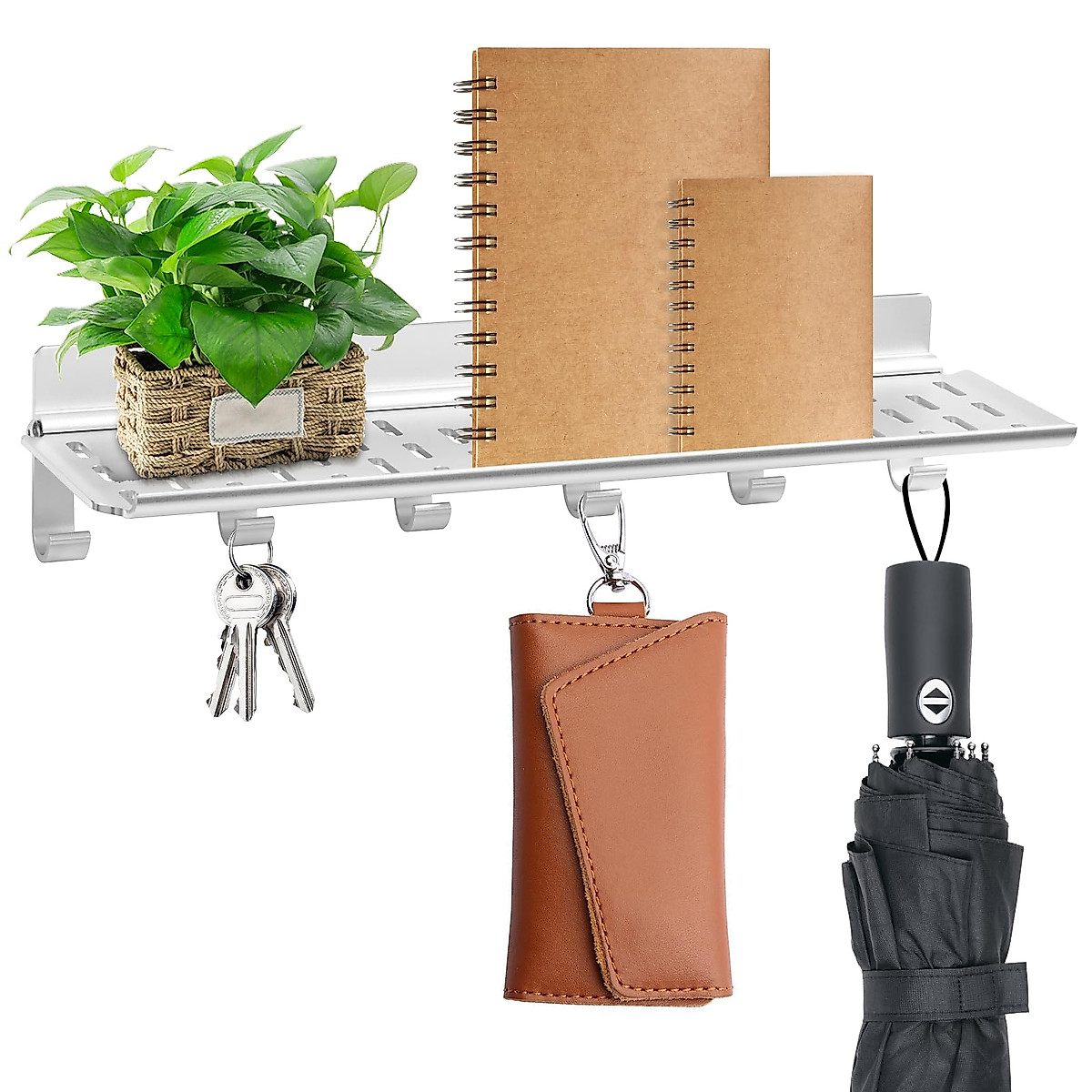 Wall Hooks with Shelf, Small Rustic Wood Key Rack with 6 Hooks, Metal Coat Rack with Shelf Wall-Mounted, Entryway Hanging Shelf, Organizer for Living Room Bedroom Bathroom Office Home Decor(Silvery)