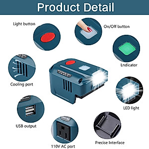JJXNDO 150W Power Inverter for Makita 18V Lithium Battery BL1860 BL1850 BL1840 BL1830, DC 18V to AC 110~120V Portable Power Supply Charger Generator with AC Outlet & Dual USB Output & 200LM LED Light