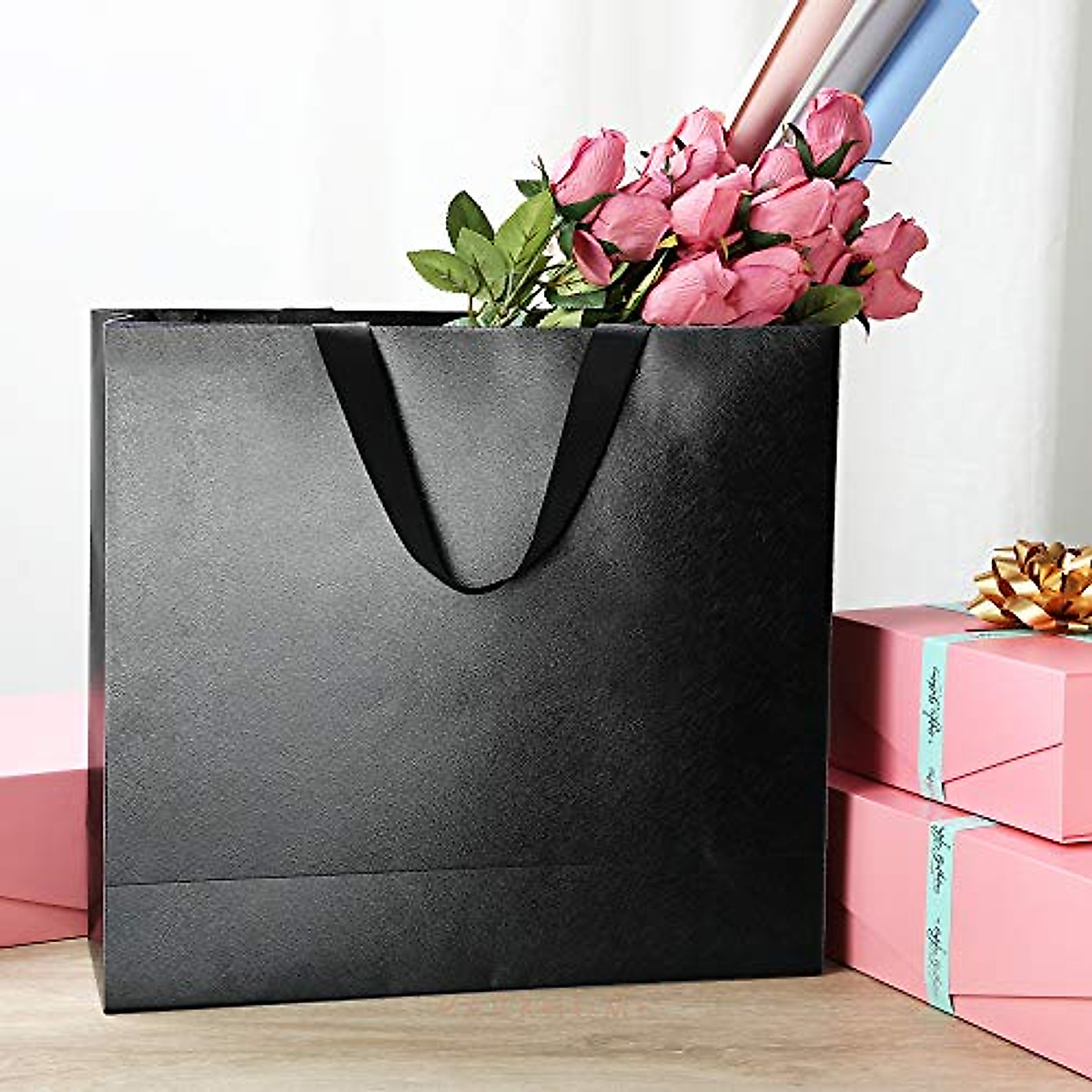 PACKHOME 6 Extra Large Gift Bags 17.5x6x16 Inches, Black Premium Gift Bags with Handles for Gift Giving (Glossy Black with Grass Texture)