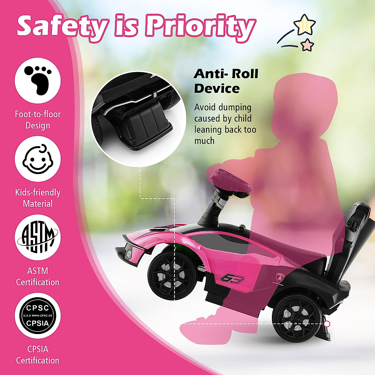 Costzon Push Cars for Toddlers, 3 in 1 Licensed Lamborghini Stroller Sliding Walking Car w/Handle, Armrest Guardrail, Underneath Storage, Horn, Foot-to-Floor Ride On Toy for Boys Girls (Pink)