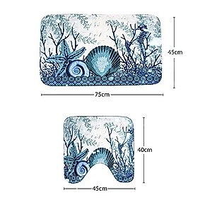 Amagical Sea Shells Seahorse Starfish Pattern 3 Piece Blue Ocean Shower Curtain Bath Mat Set Non Slip Bathroom Mat Contour Mat Fabric Shower Curtain with 12 Hooks