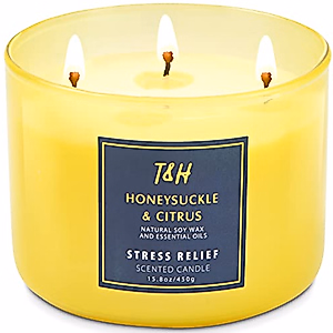 Large 3 Wick Scented Candle - Honeysuckle Citrus Stress Relief Aromatherapy Candle with Grapefruit, Mint & Rose - 15.8 oz Natural Soy Candles for Men and Women - Scented Spring Candles for Home
