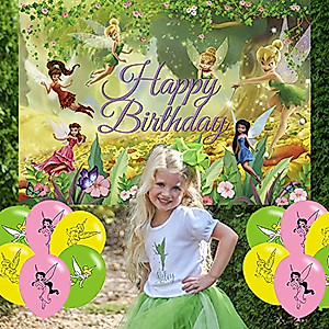 SAIAODI Tinkerbell Birthday Party Banner Backdrop, Fairy Flower Party Decorations for Kid Party Supplies Happy Birthday Banner Tinkerbell Teme Party Decorations Photography Background