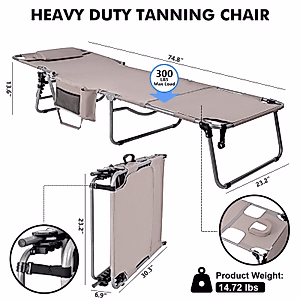 Tanning Chair with Face Hole, Folding Chaise Lounge Chair, Heavy Duty Outside Lay Flat Portable Face Down Tanning Chair with Arm Hole for Reading Beach Poolside Patio Sunbathing Lawn Camping, 300LBS