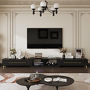 FAMAPY Modern TV Console Extendable Media Console, Adjustable Length, Contemporary Entertainment Center with Drawers and Legs, for Living Room Black and Gold (95”-133.9”W x 15.2”D x 13.1”H)