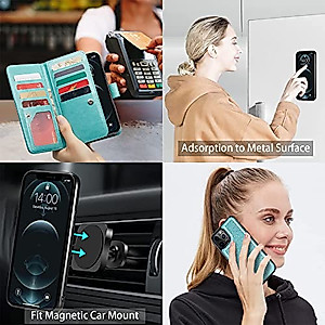 Varikke iPhone 13 Pro Max Wallet Case - Women's 9-Card Holder, Detachable Magnetic Cover, Kickstand, Glitter PU leather, Mint