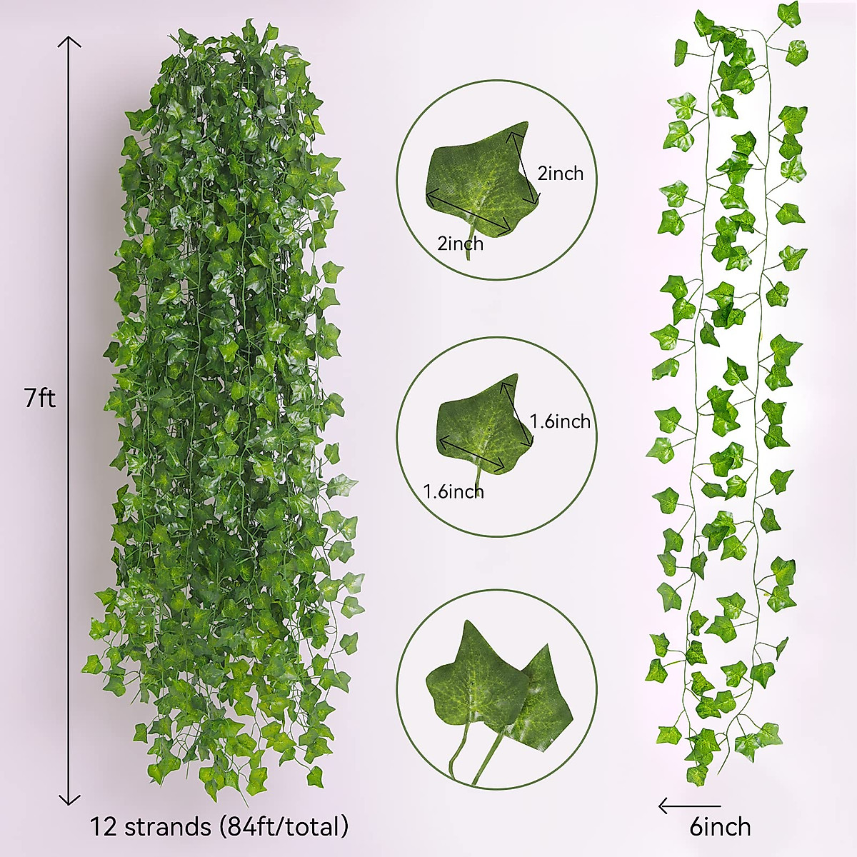 kovdim Artificial Ivy Vines Leaves 12 Strands (84 Ft), Ivy Garland Fake Vines Plants Hanging for Bedoom Room Wall Weeding Party Decor, Green