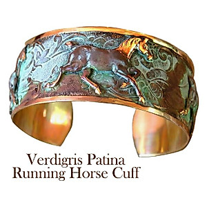 Elaine Coyne Collectible Artwear Verdigris Patina Contemporary Running Horse Cuff Bracelet - USA Made