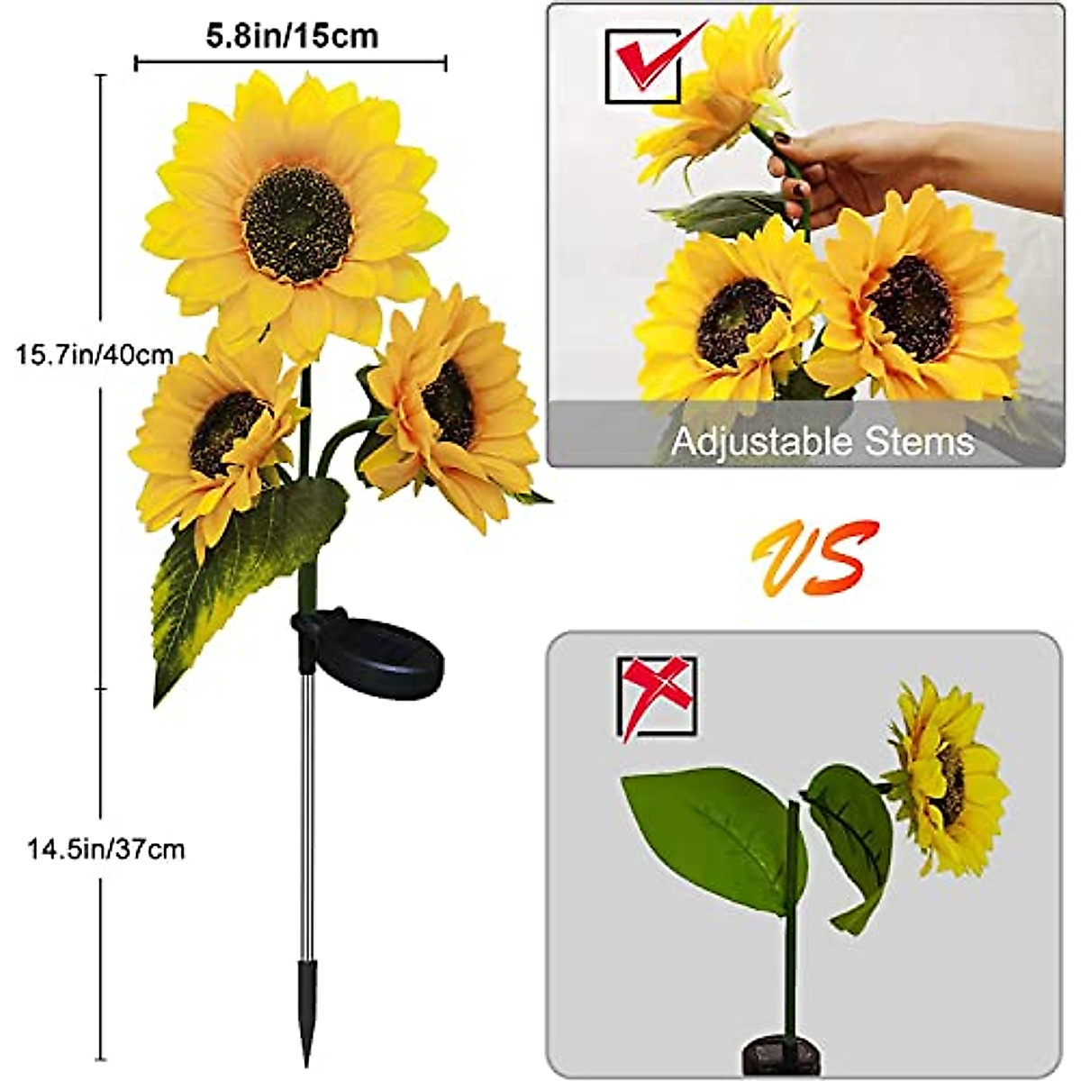 2 Pack Sunflower Solar Lights Outdoor Decor with 3 LED Sunflower Yellow Flower Lights Decorative Waterproof for Patio Lawn Garden Yard Pathway Decoration