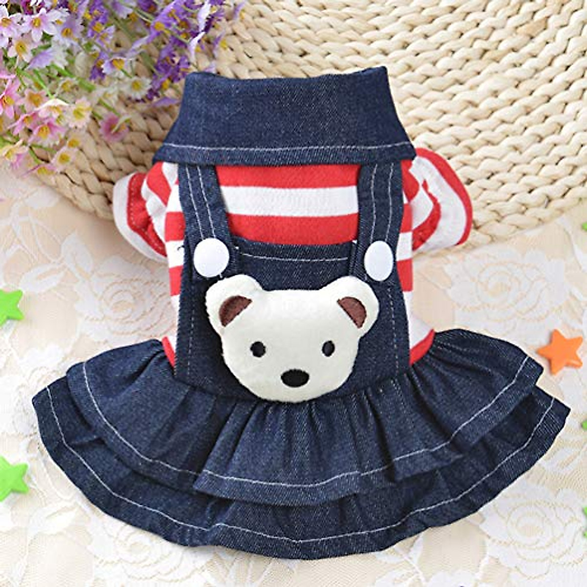 POPETPOP Denim Dog Dress - Cute Red Stripe Plush Bear Cowboy Pet Skirt, Pet Clothes for Small Medium Large Dogs Puppy, Pet Costumes