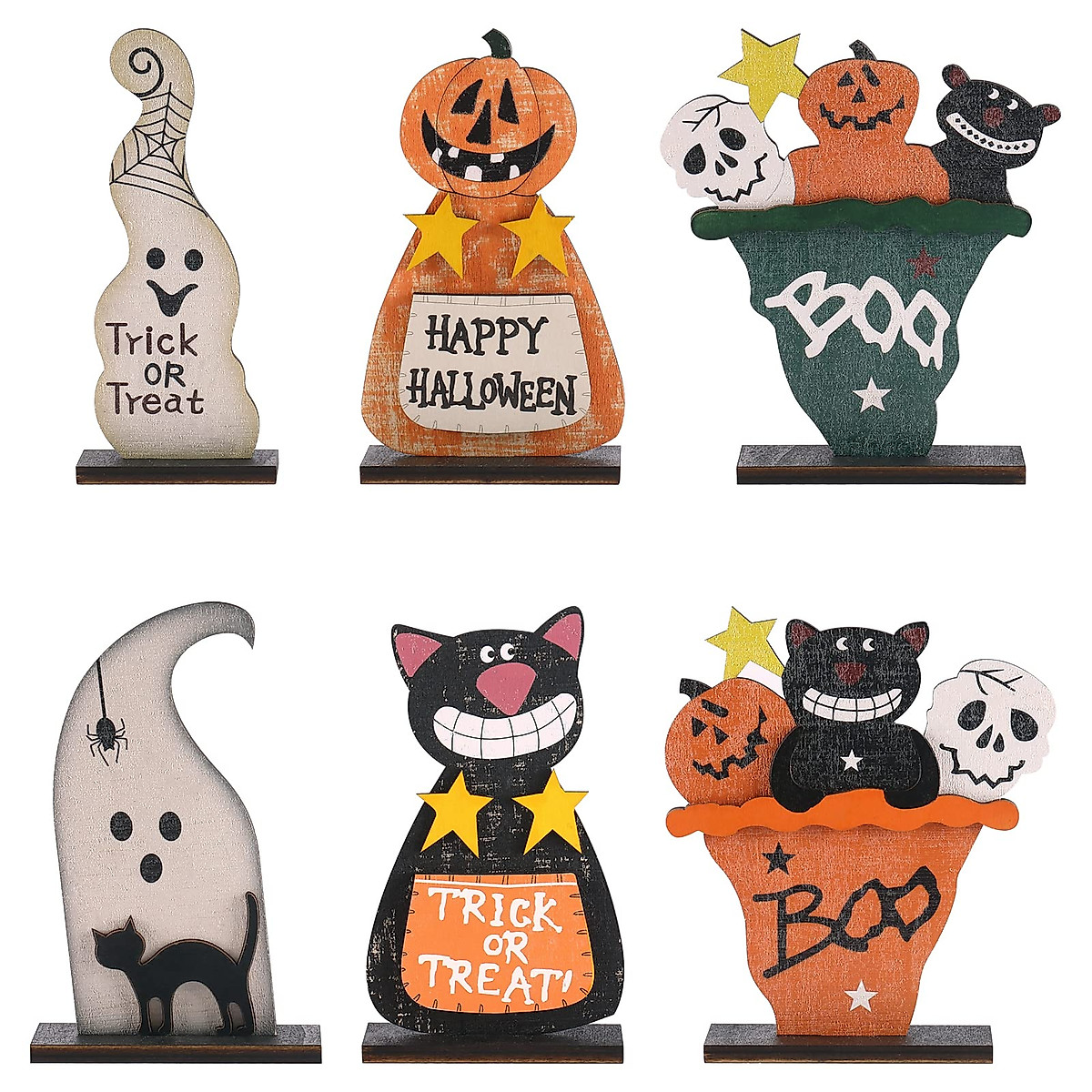 SY Super Bang Wooden Halloween Table Top Decorations - 6PCS Retro Halloween Decor Including Black Cat/Pumpkin Monster/Ghost/Skull Crafts, for Home Farmhouse Holiday Indoor, Rustic