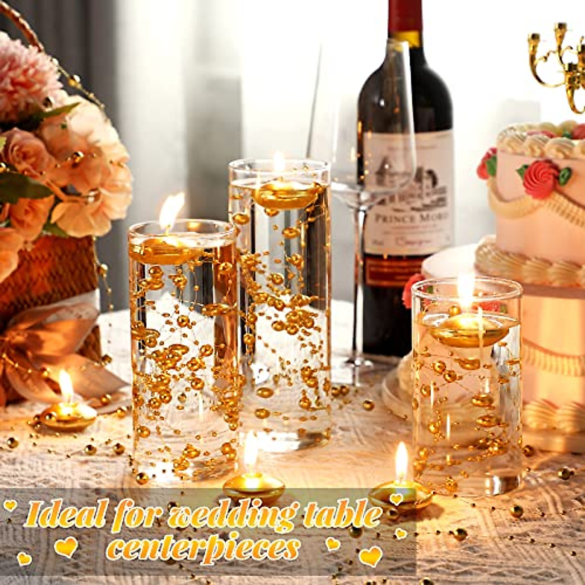 40 Pcs Unscented Christmas Gold Floating Candles Artificial Pearl String for Floating Candle Set for Wedding Centerpieces Table Decoration Vases Filler for Birthday Valentine's Day Party Decor