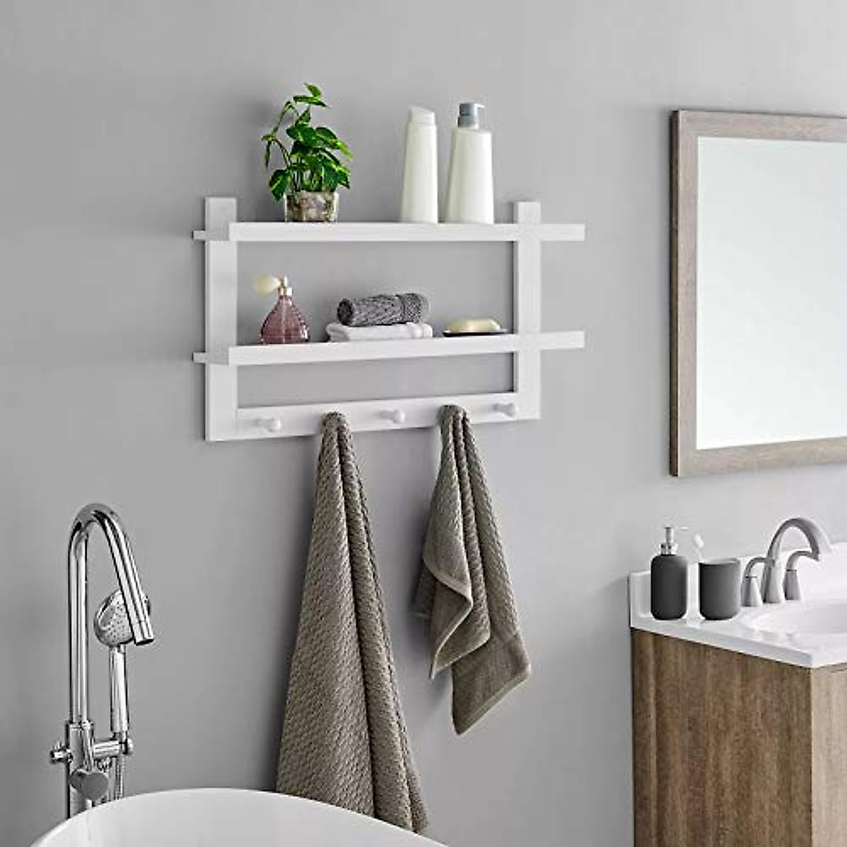 WELLAND 2 Tiers Entryway Floating Wall Shelf Hanging Shelf 29" L, Wall-Mounted Coat Rack Shelf with 5 Hooks for Hallway, Bathroom, Living Room, Bedroom,White