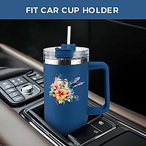 40 ounce insulated cup with handle, double-layer vacuum stainless steel material, equipped with straw, can keep warm or maintain cold drinks Flowers Hummingbird Cowboy Blue