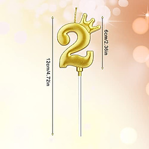 2.36in Birthday Number Candle, 3D Candle Cake Topper with Crown Cake Numeral Candles Gold Number Candles for Birthday Anniversary Parties (2)