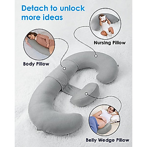 QUEEN ROSE Cooling Pregnancy Pillows, E Shaped Maternity Pillow for Sleeping, with Extra Wedge Pillow for Belly Support, 55 Inch Detachable Body Pillow, Breathable Cover, Grey