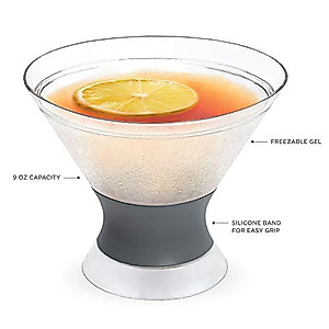 HOST Freeze Insulated Martini Cooling Cups, Plastic Freezer Gel Chiller Double Wall Stemless Cocktail Glass Set of 2, 9 oz, Grey