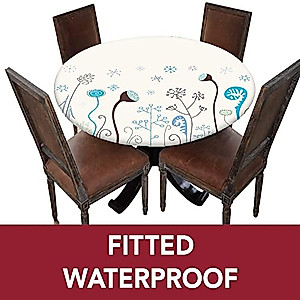 Winter Round Fitted Tablecloth with Elastic Edge, Cute Seasonal Flowers with Snowflakes Hand Drawn Print XXLarge Polyester Table Pad, Fit Round Table up 65"-71", for Restaurant Picnic Party
