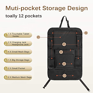 Car Seat Organizer Back Seat with 10" Tablet Holder Adjustable Straps 9 Storage Pockets Kick Mats Car Seat Back Protectors Great Travel Accessories for Kids and Toddlers 2 Pack + 2 Car Headrest Hook